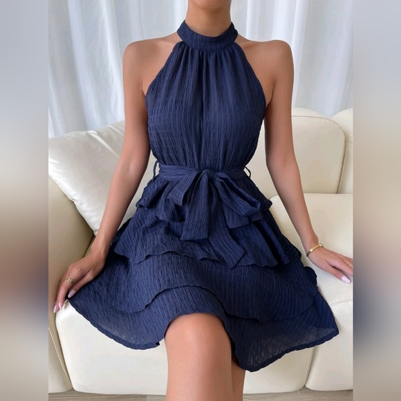 Dresses | New Chic Textured Layered Ruffle Halter Dress Navy Blue ...